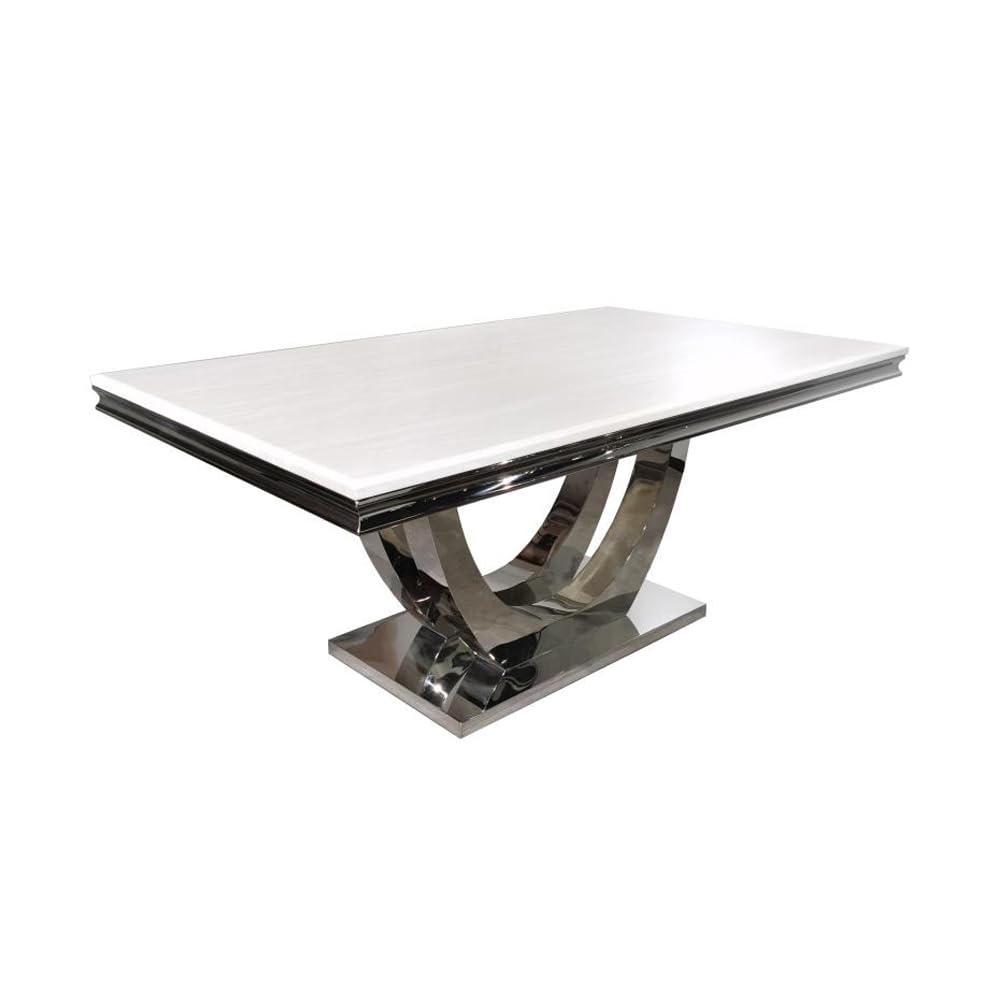 Simple Relax Rectangle Faux Marble Top Dining Table, White and Chrome