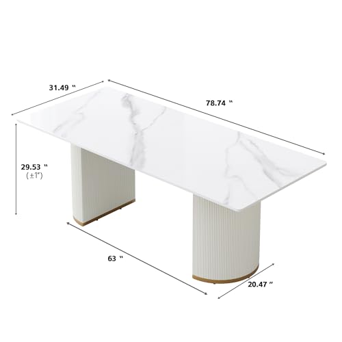 LovingAHome Modern Rectangle Marble Dining Table for 8,79" White Marble Sintered Stone Dining Table with Semi-Circular Pedestal,Faux Marble Kitchen Dinner Table Wrapped in PU Leather (Table Only)