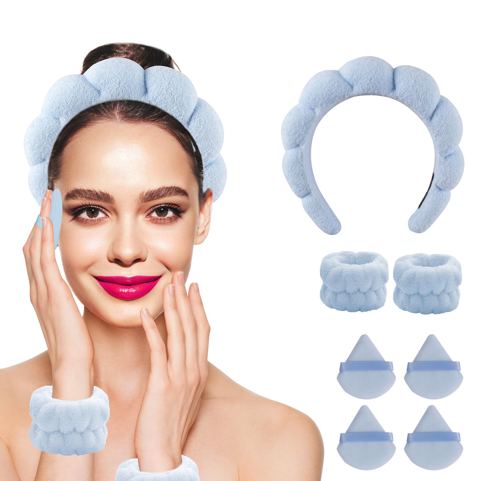 YANGYICHEN Spa Headband Makeup Headband for Washing Face 7pack, Face Wash Headband and Wristband Set - Puffy Terry Cloth Skincare Headband for Women and Girls, Blue