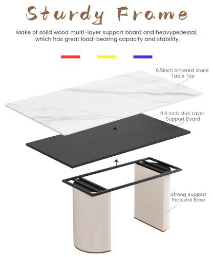 LovingAHome Modern Rectangle Marble Dining Table for 8,79" White Marble Sintered Stone Dining Table with Semi-Circular Pedestal,Faux Marble Kitchen Dinner Table Wrapped in PU Leather (Table Only)
