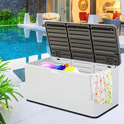 ADDOK Large Resin Deck Box Lockable, Outdoor Garden Storage Box Waterproof, Elegant Storage Bench for Cushions, Garden Tools and Pool Toys (White)
