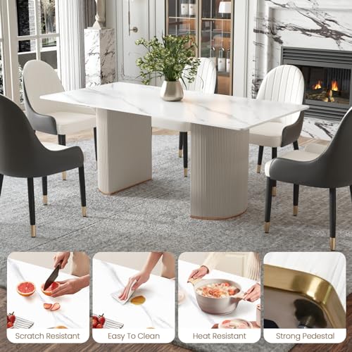 LovingAHome Modern Rectangle Marble Dining Table for 8,79" White Marble Sintered Stone Dining Table with Semi-Circular Pedestal,Faux Marble Kitchen Dinner Table Wrapped in PU Leather (Table Only)