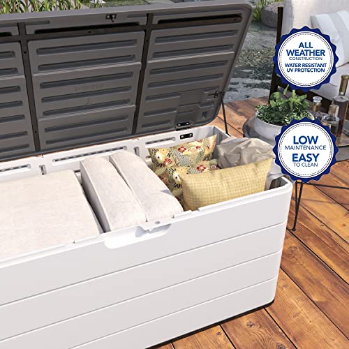 ADDOK Large Resin Deck Box Lockable, Outdoor Garden Storage Box Waterproof, Elegant Storage Bench for Cushions, Garden Tools and Pool Toys (White)