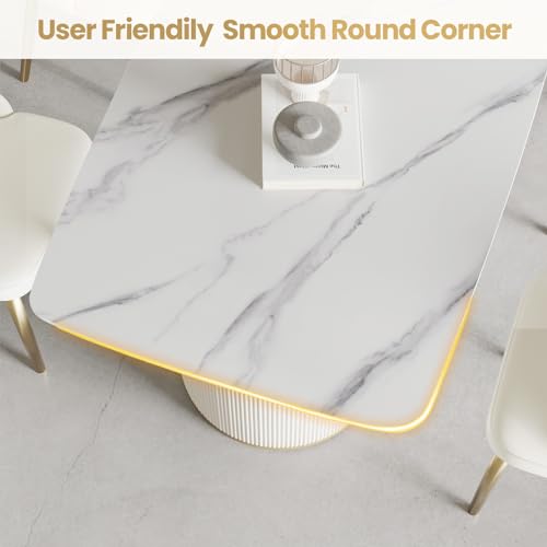 LovingAHome Modern Rectangle Marble Dining Table for 8,79" White Marble Sintered Stone Dining Table with Semi-Circular Pedestal,Faux Marble Kitchen Dinner Table Wrapped in PU Leather (Table Only)
