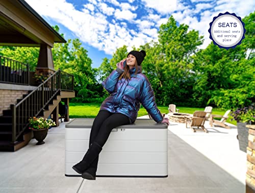 ADDOK Large Resin Deck Box Lockable, Outdoor Garden Storage Box Waterproof, Elegant Storage Bench for Cushions, Garden Tools and Pool Toys (White)