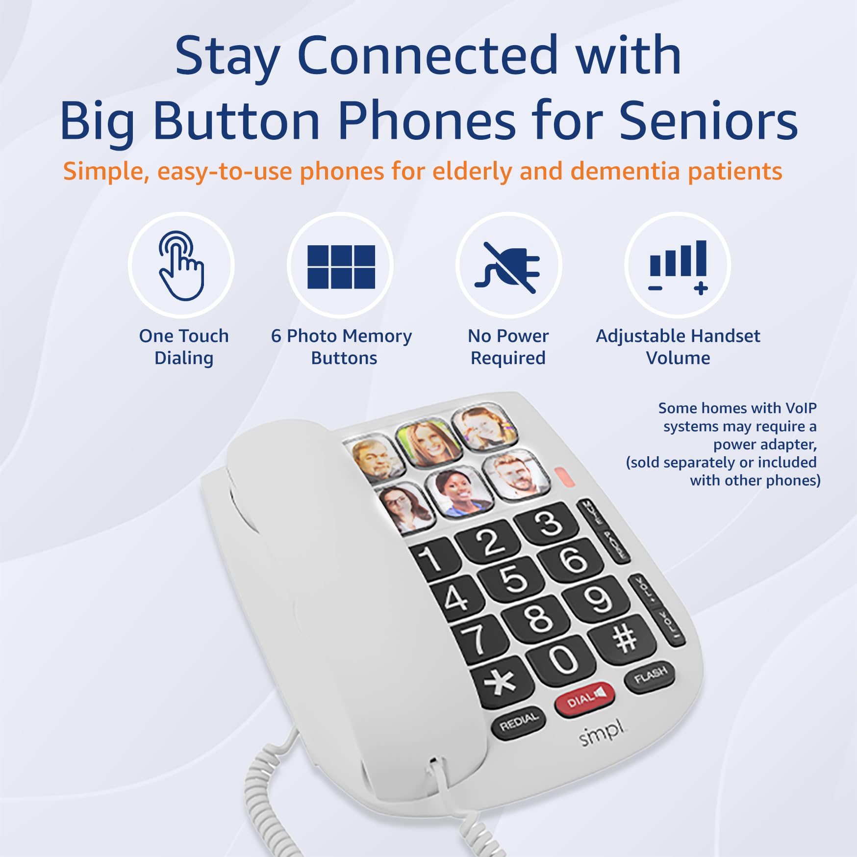 SMPL Hands-Free Dial Photo Memory Corded Phone, One-Touch Dialing, Large Buttons, Flashing Alerts, Durable, Perfect for Seniors, Alzheimer's, Dementia, Hearing Impaired