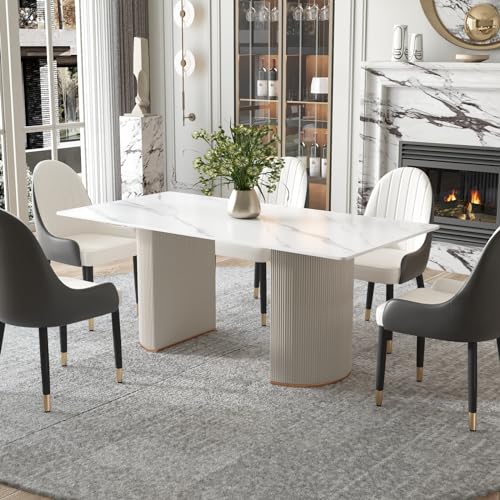 LovingAHome Modern Rectangle Marble Dining Table for 8,79" White Marble Sintered Stone Dining Table with Semi-Circular Pedestal,Faux Marble Kitchen Dinner Table Wrapped in PU Leather (Table Only)