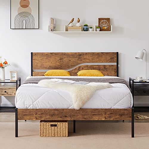 VECELO Platform Bed Frame/Mattress Foundation Queen Size with Rustic Vintage Wood Headboard, Strong Metal Slats Support, No Box Spring Needed