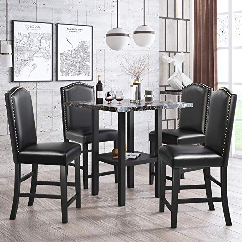 LCH Matching Chairs and Bottom Shelf Room, Faux Marble Kitchen 4 Persons, Black, 5-Piece Round Dining Table Set, Dark Grey
