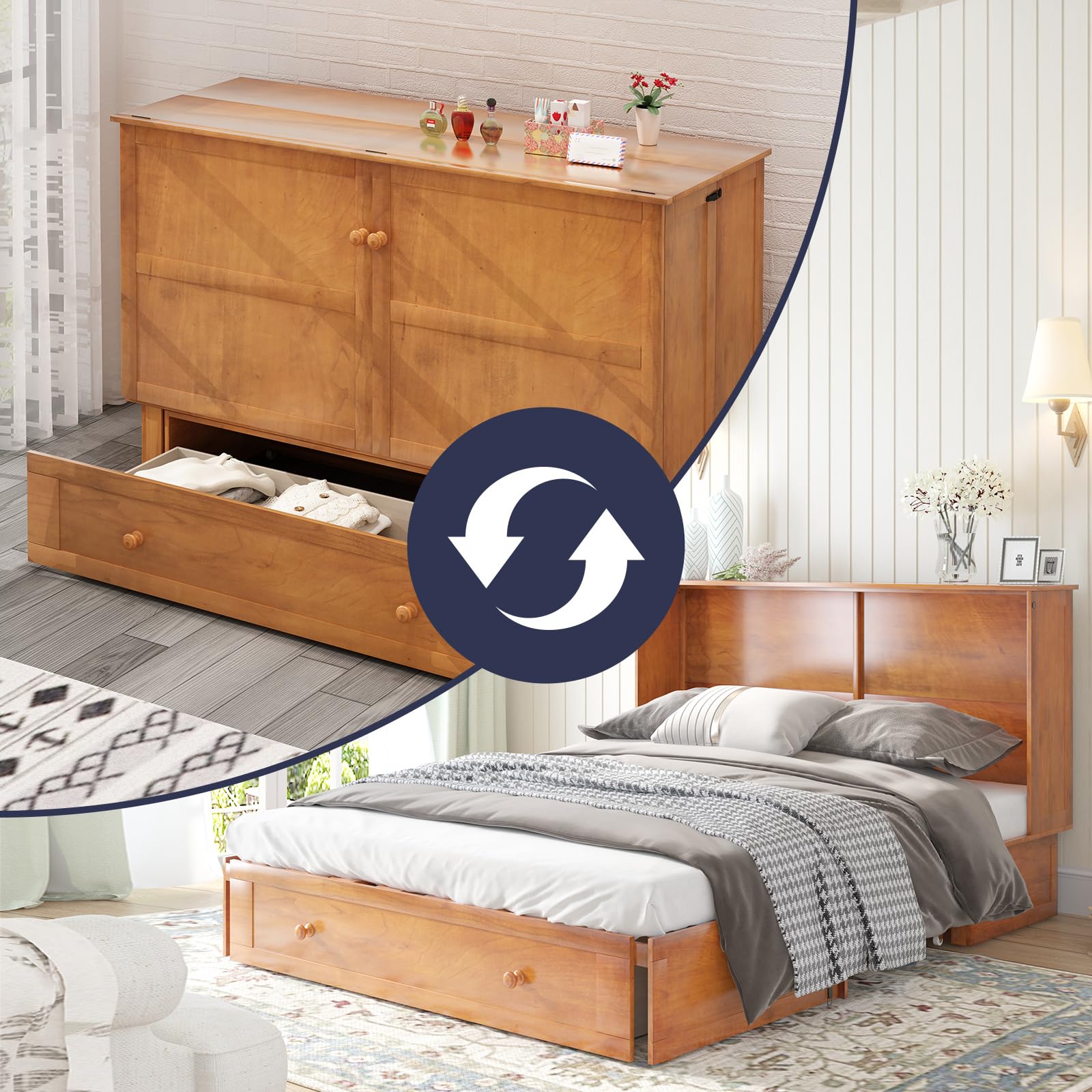 ijuicy Queen Size Murphy Bed, Queen Murphy Cube Cabinet Chest Bed with 3 Level Folding Memory Foam Mattress & USB Charging Station& Large Drawers (Russet Brown,Poplar)