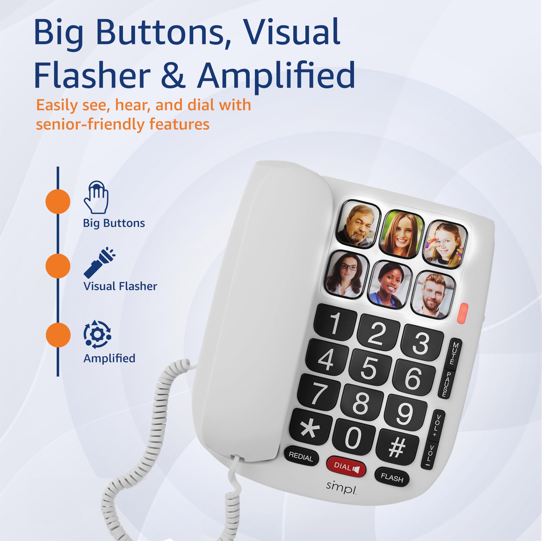 SMPL Hands-Free Dial Photo Memory Corded Phone, One-Touch Dialing, Large Buttons, Flashing Alerts, Durable, Perfect for Seniors, Alzheimer's, Dementia, Hearing Impaired