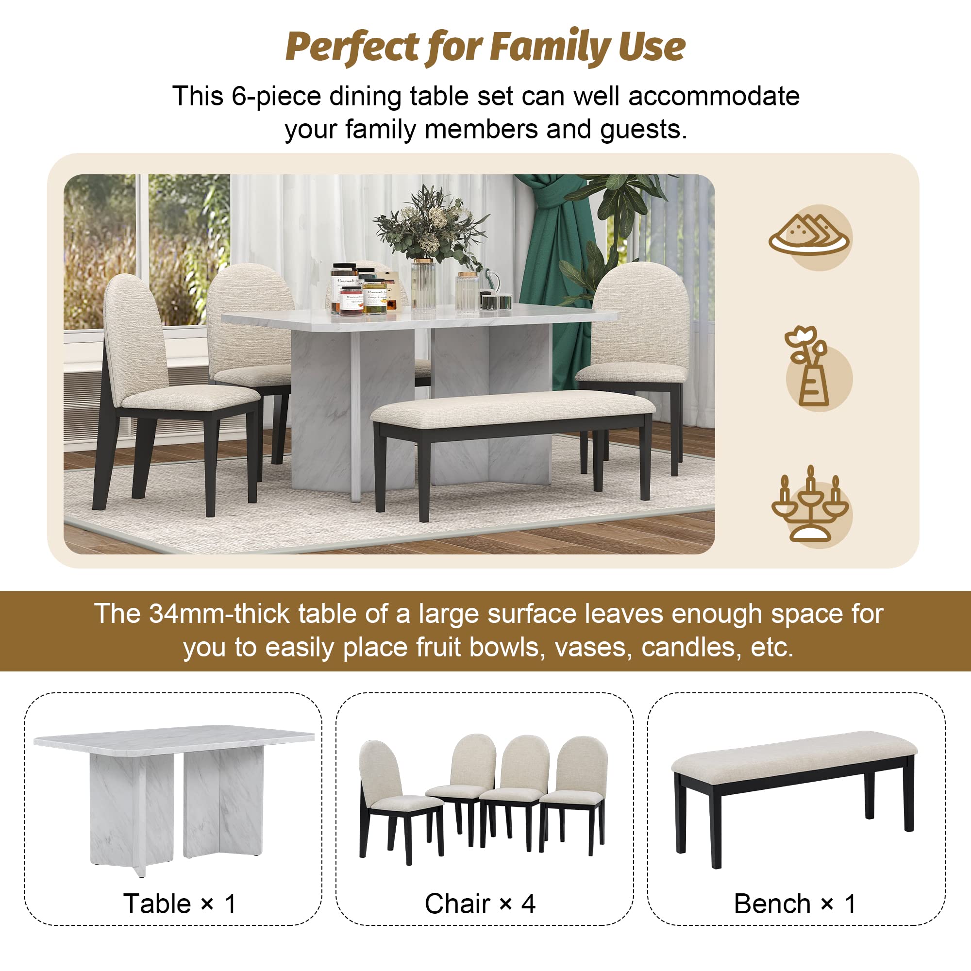 BIADNBZ 6-Piece Dining Table Set for 6 with Faux Marble Tabletop and 4 Upholstered Dining&Chairs & 1 Bench for Kitchen Funiture,Family, 36.1 inch, White