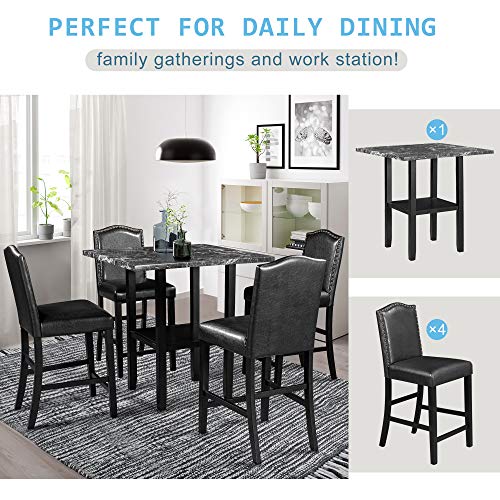 LCH Matching Chairs and Bottom Shelf Room, Faux Marble Kitchen 4 Persons, Black, 5-Piece Round Dining Table Set, Dark Grey