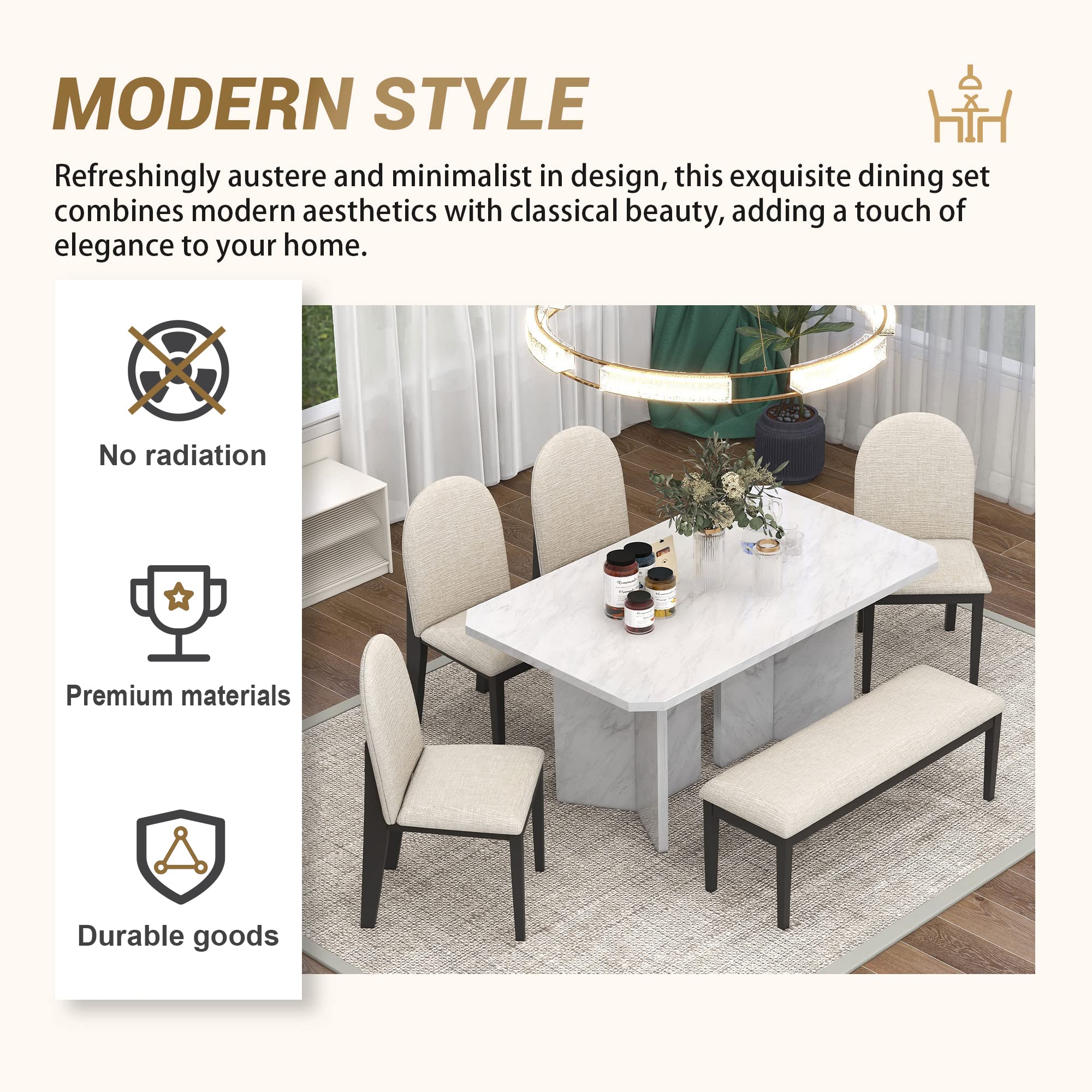 BIADNBZ 6-Piece Dining Table Set for 6 with Faux Marble Tabletop and 4 Upholstered Dining&Chairs & 1 Bench for Kitchen Funiture,Family, 36.1 inch, White