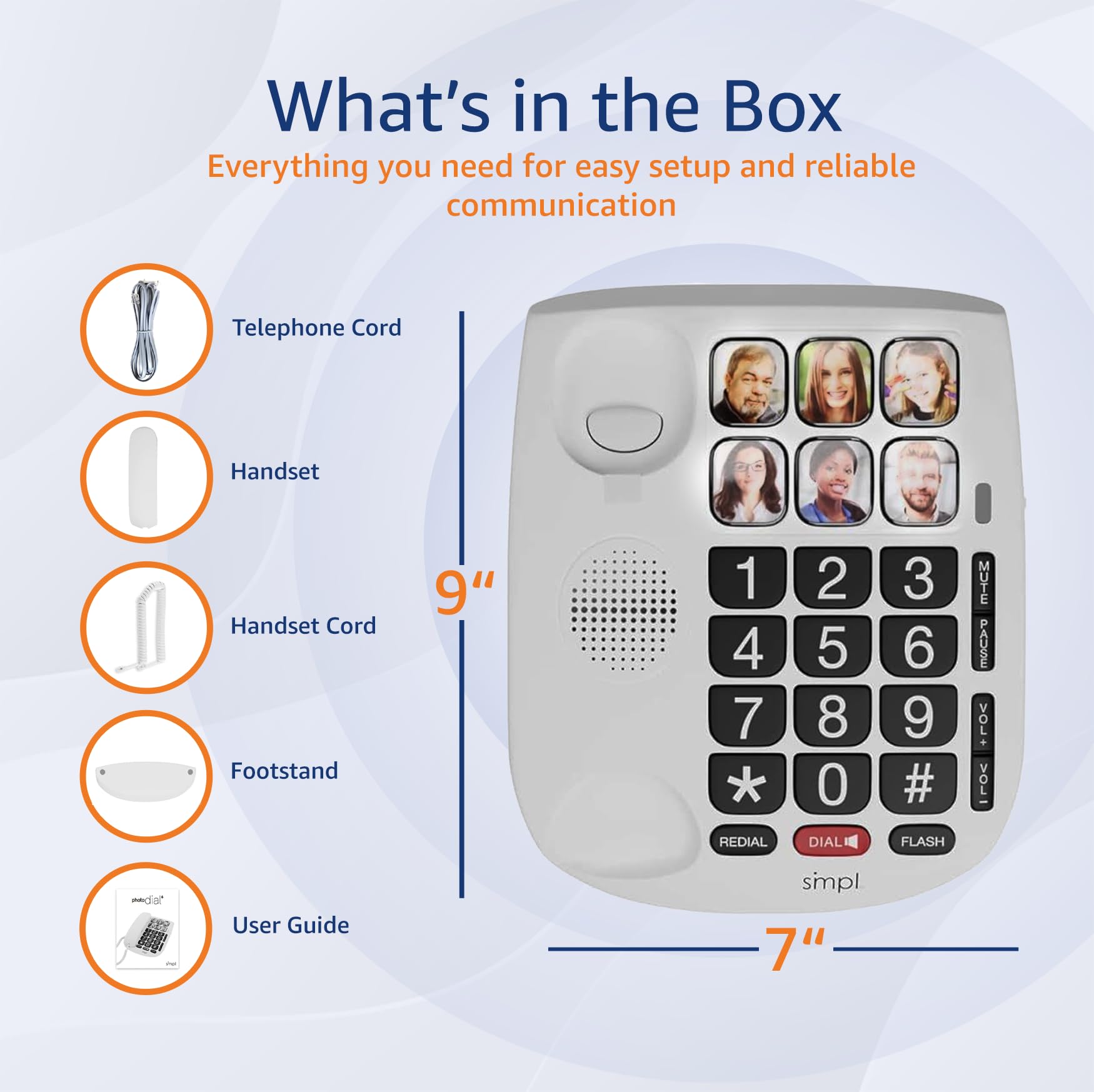SMPL Hands-Free Dial Photo Memory Corded Phone, One-Touch Dialing, Large Buttons, Flashing Alerts, Durable, Perfect for Seniors, Alzheimer's, Dementia, Hearing Impaired