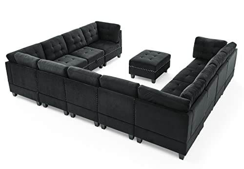 Melpomene 142'' U-Shape Velvet Sectional Sofa Couch,DIY Combination Includes 7 Single Chair 4 Corner and 1 Ottoman, Living Room Furniture Set for Villa & House,Black