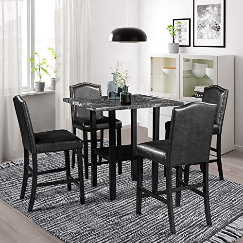 LCH Matching Chairs and Bottom Shelf Room, Faux Marble Kitchen 4 Persons, Black, 5-Piece Round Dining Table Set, Dark Grey