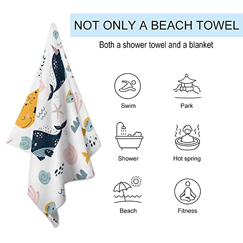 My Little Nest Bath Towels Soft Absorbent Bathroom Towel Whales Sea Animals Pattern Quick Dry Bath Towel Large Shower Towels Lightweight Hand Towels 31" x 51"