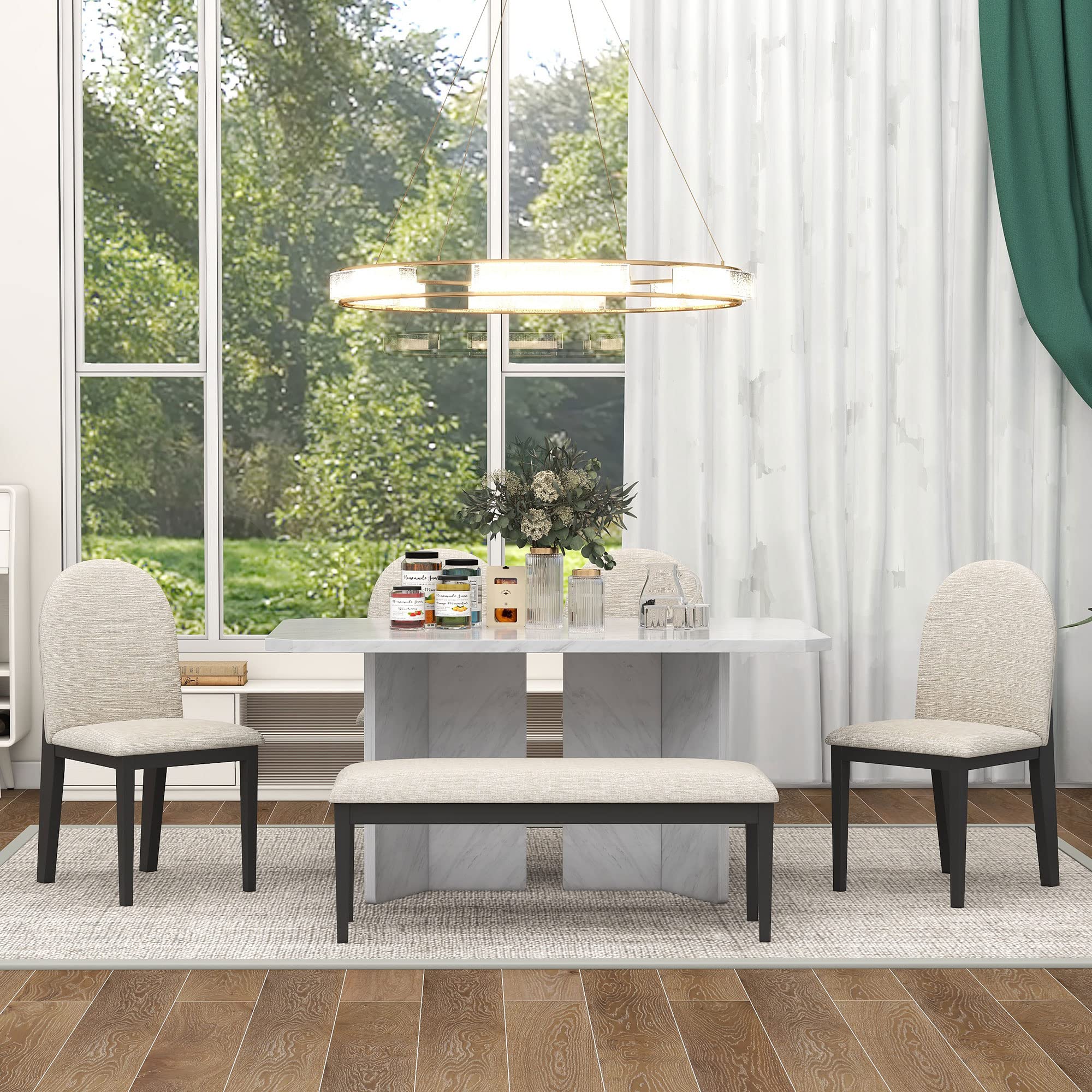 BIADNBZ 6-Piece Dining Table Set for 6 with Faux Marble Tabletop and 4 Upholstered Dining&Chairs & 1 Bench for Kitchen Funiture,Family, 36.1 inch, White