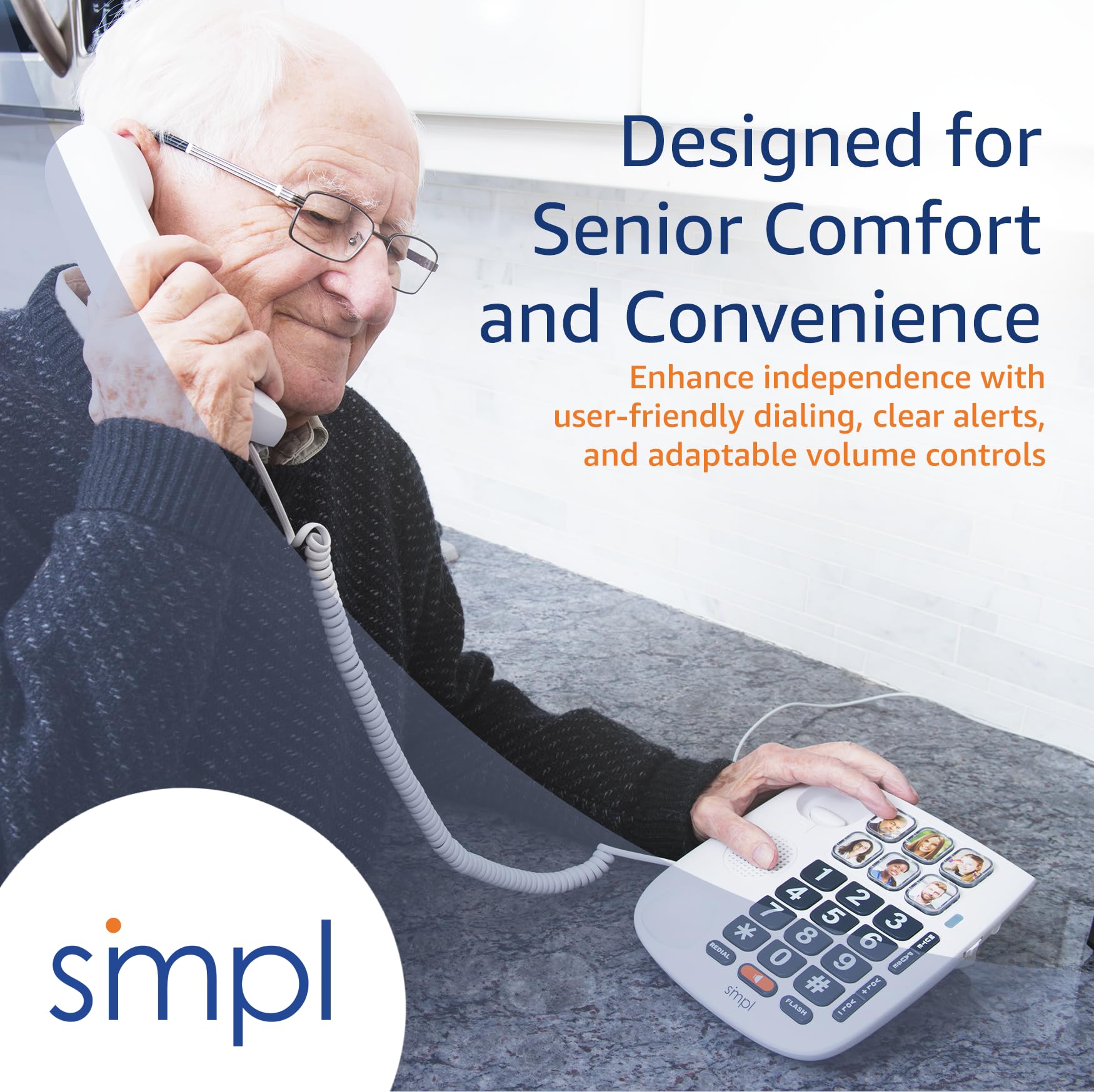 SMPL Hands-Free Dial Photo Memory Corded Phone, One-Touch Dialing, Large Buttons, Flashing Alerts, Durable, Perfect for Seniors, Alzheimer's, Dementia, Hearing Impaired