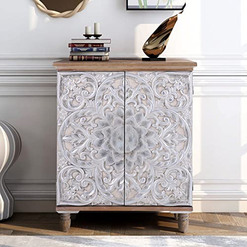 Sophia & William Accent Storage Cabinet with 2 Doors, Distressed Decorative Cabinet Storage Organizer with Wood Frame and Silver Embossed Pattern for Entryway Hallway Lvinig Room