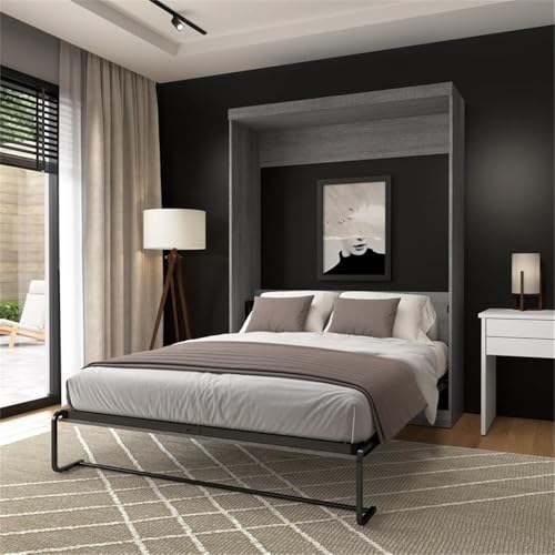 Pemberly Row Queen Size Wall Bed with Wooden Slats in Engineered Wood, in Gray, No Box Spring Needed, Easy Assembly