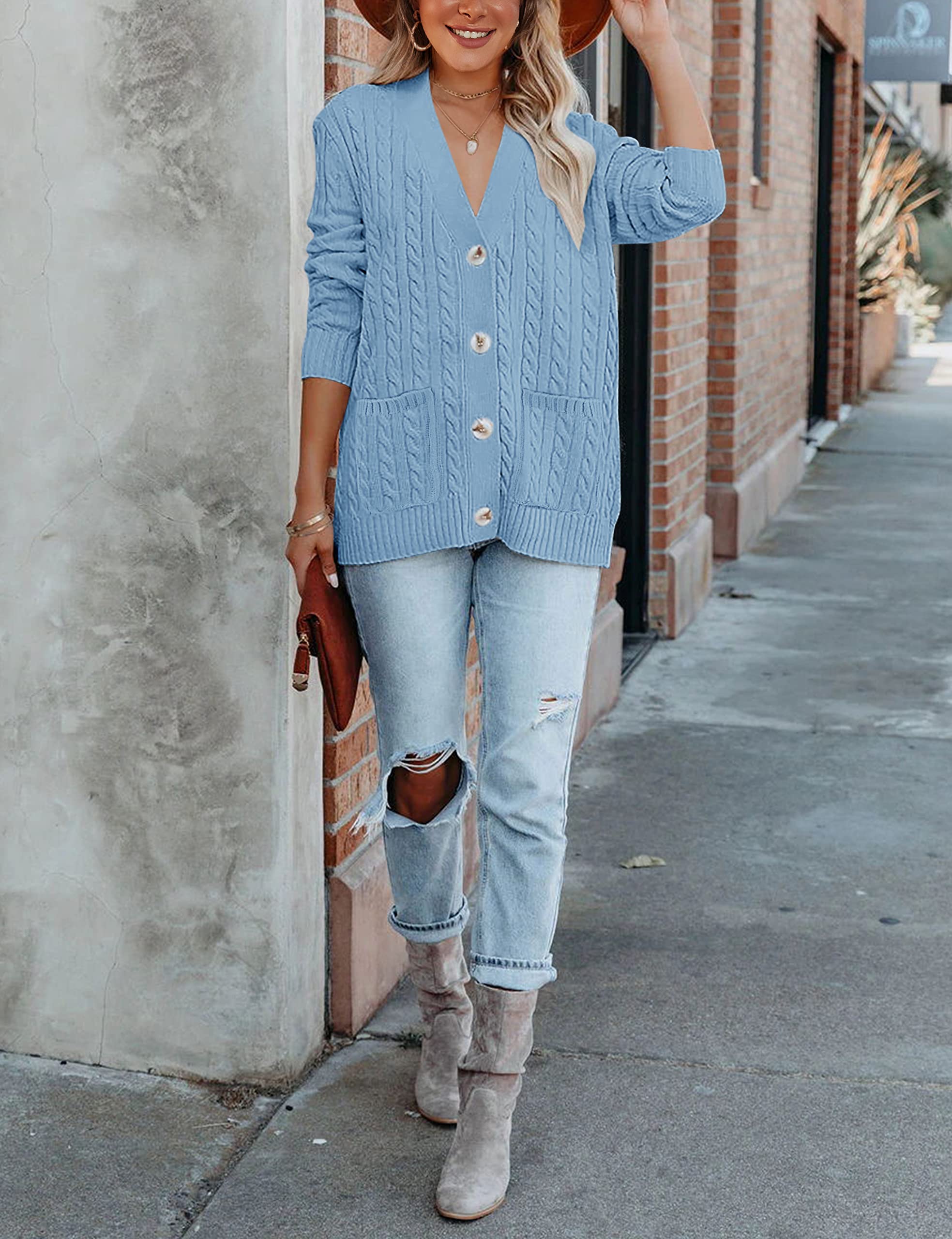 MEROKEETY Women's 2025 Casual Long Sleeve Open Front Cardigan Sweater Solid Color Button V Neck with Pockets,Blue,M