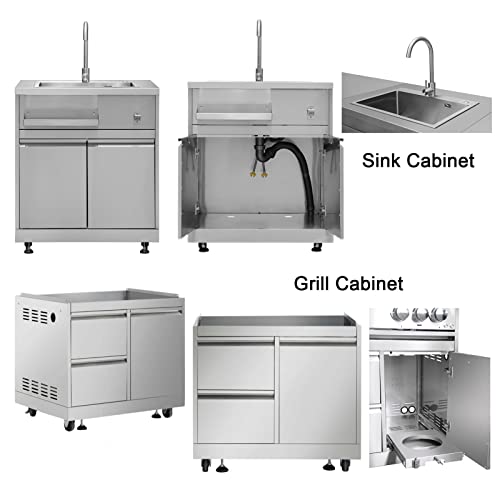 SINDA 6 Piece Modular Outdoor Kitchen Suit, w/Pizza Oven, 4 Burner Natural Gas Grill, BBQ Grill Cabinet, 24" Undercounter Refrigerator, Fridge Cabinet, Sink Cabinet (w/Natural Gas Kit)