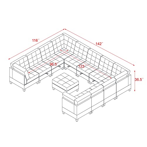 Melpomene 142'' U-Shape Velvet Sectional Sofa Couch,DIY Combination Includes 7 Single Chair 4 Corner and 1 Ottoman, Living Room Furniture Set for Villa & House,Black