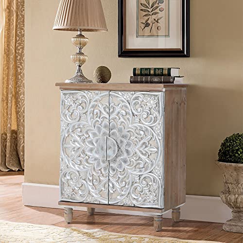 Sophia & William Accent Storage Cabinet with 2 Doors, Distressed Decorative Cabinet Storage Organizer with Wood Frame and Silver Embossed Pattern for Entryway Hallway Lvinig Room