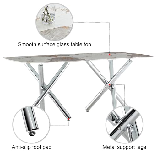 FURNITO 71" Glass Dining Table for 6-8, Faux Marble Glass White Desktop 0.39" and Sliver Metal Legs, Ideal for Living Room and Dining Room (1 Table (White))