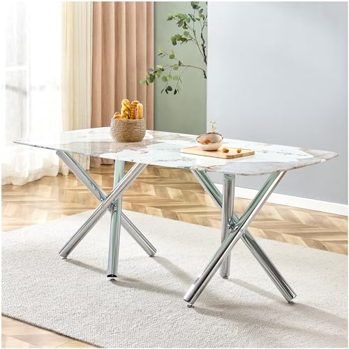 FURNITO 71" Glass Dining Table for 6-8, Faux Marble Glass White Desktop 0.39" and Sliver Metal Legs, Ideal for Living Room and Dining Room (1 Table (White))