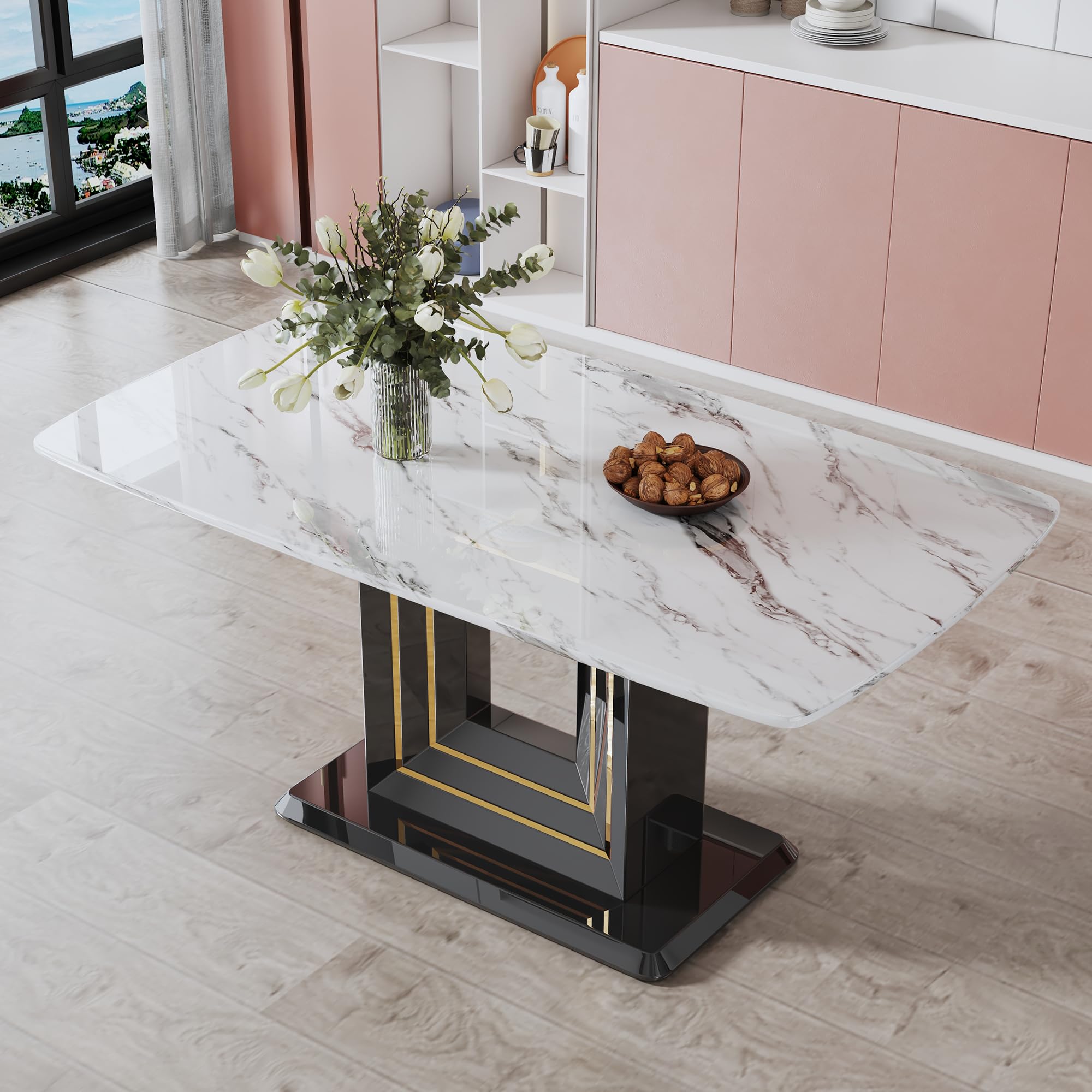 63" Modern MDF Dining Table for 6-8, Large Rectangular Dining Room Table with U-Shaped Bracket and MDF Base, Minimalist Kitchen Table for Restaurant, Meeting Room, Marble-Inspired MDF Desktop(White)