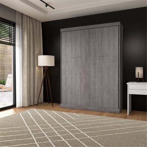 Pemberly Row Queen Size Wall Bed with Wooden Slats in Engineered Wood, in Gray, No Box Spring Needed, Easy Assembly