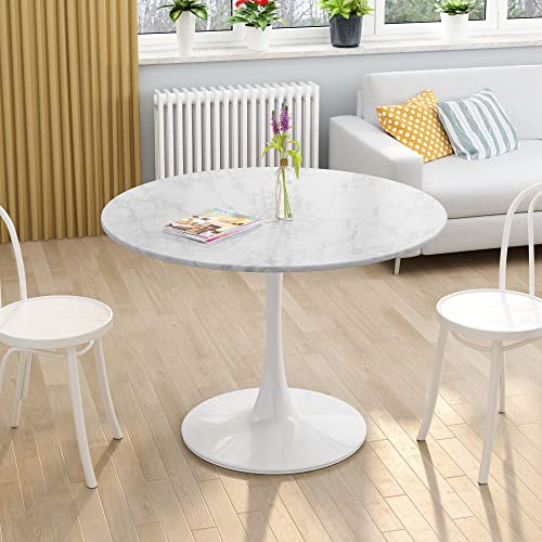 Ufurpie 42" Round Dining Table,Faux Marble Table Top,White Tulip Table Metal Base Pedestal Table for 4-6 Person,Easy Assembly End Table Leisure Coffee Table