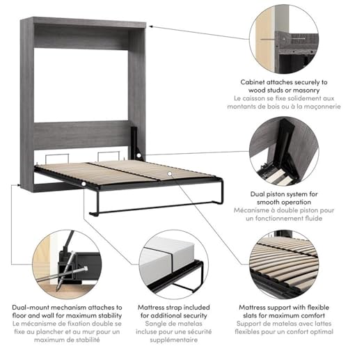 Pemberly Row Queen Size Wall Bed with Wooden Slats in Engineered Wood, in Gray, No Box Spring Needed, Easy Assembly