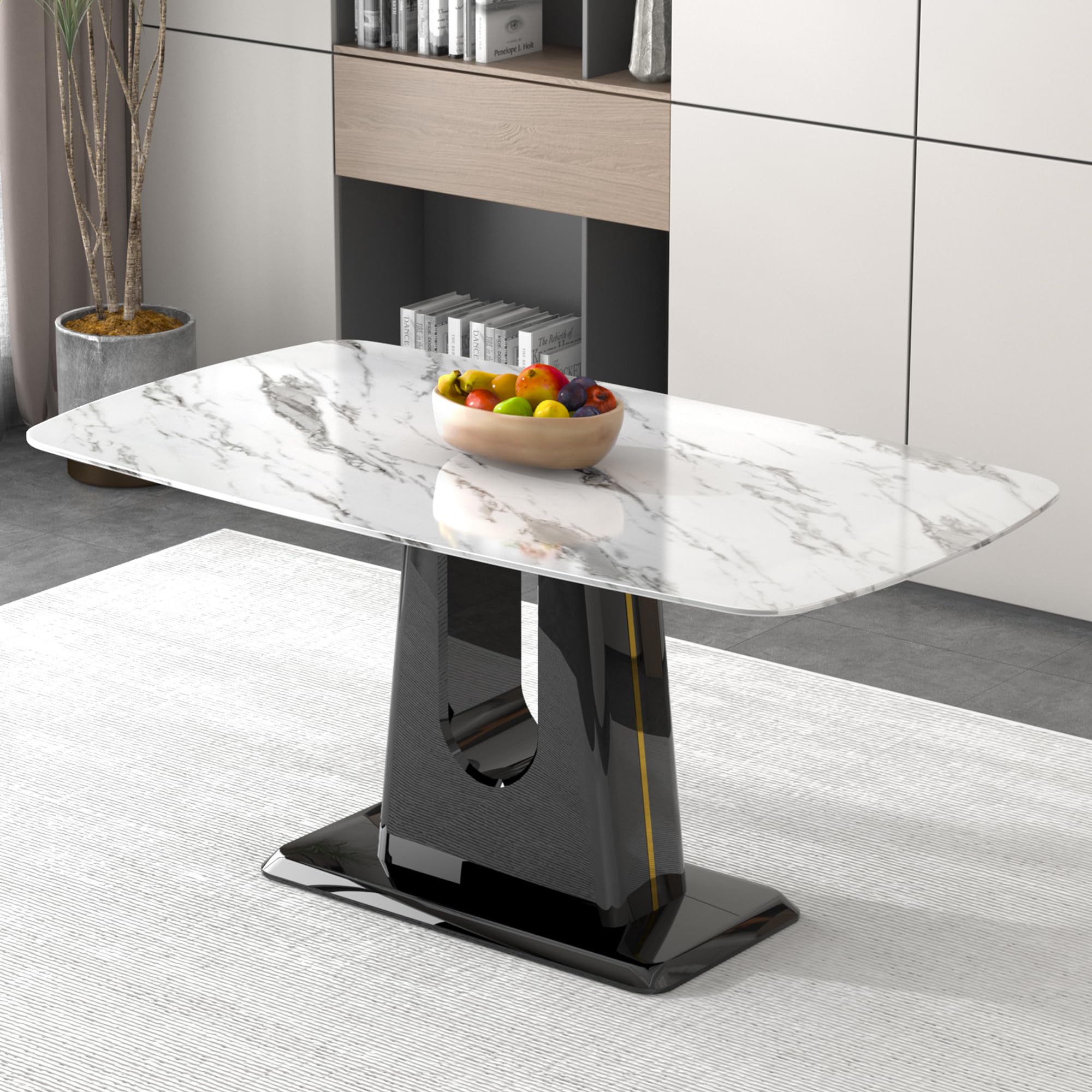 63" Modern MDF Dining Table for 6-8, Large Rectangular Dining Room Table with U-Shaped Bracket and MDF Base, Minimalist Kitchen Table for Restaurant, Meeting Room, Marble-Inspired MDF Desktop(White)