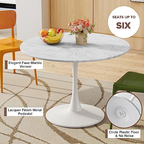 Ufurpie 42" Round Dining Table,Faux Marble Table Top,White Tulip Table Metal Base Pedestal Table for 4-6 Person,Easy Assembly End Table Leisure Coffee Table