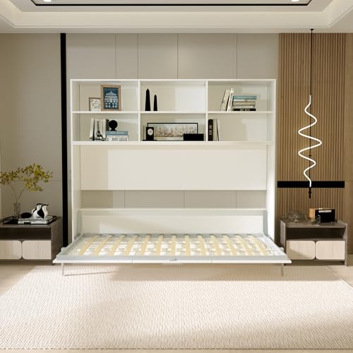 Murphy Bed Twin, Horizontal Twin Size Murphy Bed Cabinet, Wall Bed with Self and Drawers, Wood Hideaway Folding Hidden Beds for Platform Bedroom, Guest Room, Studio or Home Office, White