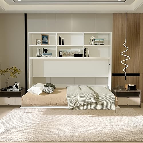 Murphy Bed Twin, Horizontal Twin Size Murphy Bed Cabinet, Wall Bed with Self and Drawers, Wood Hideaway Folding Hidden Beds for Platform Bedroom, Guest Room, Studio or Home Office, White