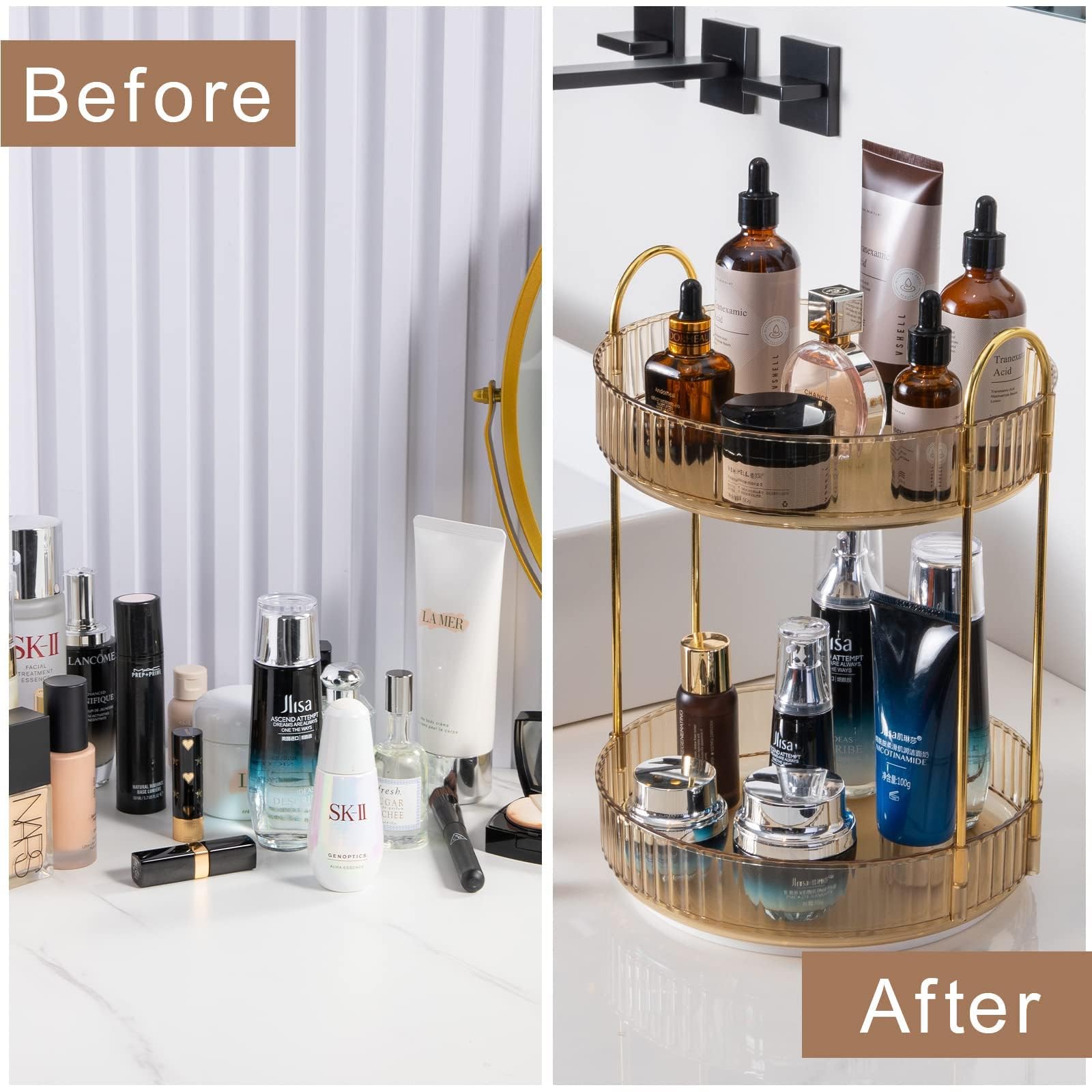 GTI 360° Rotating Makeup Organizer, 2 Tier Bathroom Counter Organizer,Large Capacity Perfume Cosmetics Skincare Vanity Organizers, Dresser Spinning Countertop Organizer and Storage for Women (Gold)