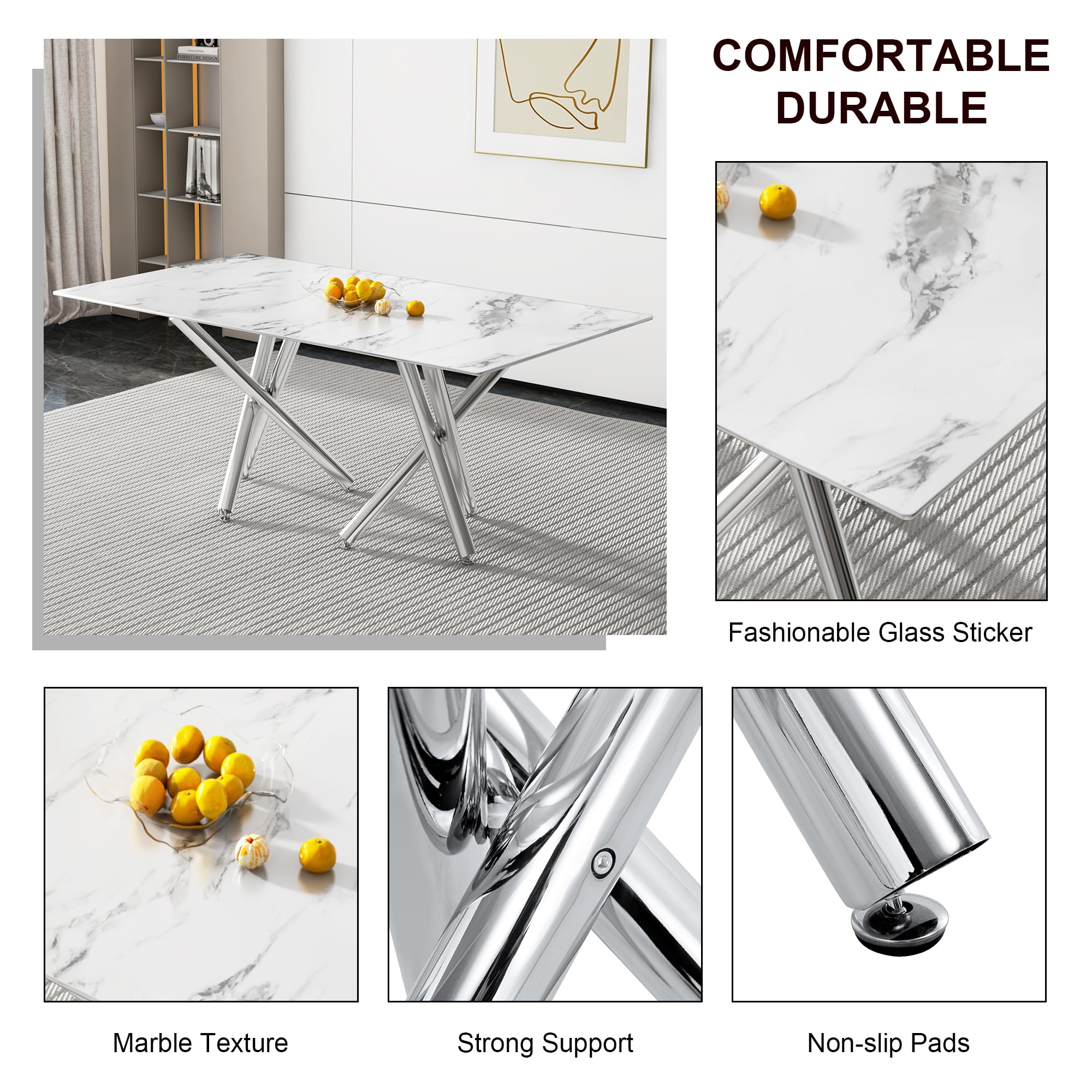 WOXYX Modern Large Simple Rectangular Glass Dining Table for 6-8 People with 0.39-inch White Imitation Marble Desktop and Silver Metal Legs, Black