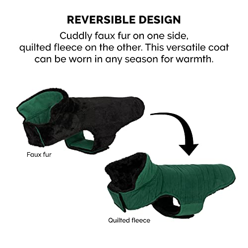 Furhaven Medium Dog Coat Flex-Fit Reversible Faux Fur & Quilted Fleece Jacket, Washable - Black/Green, Medium