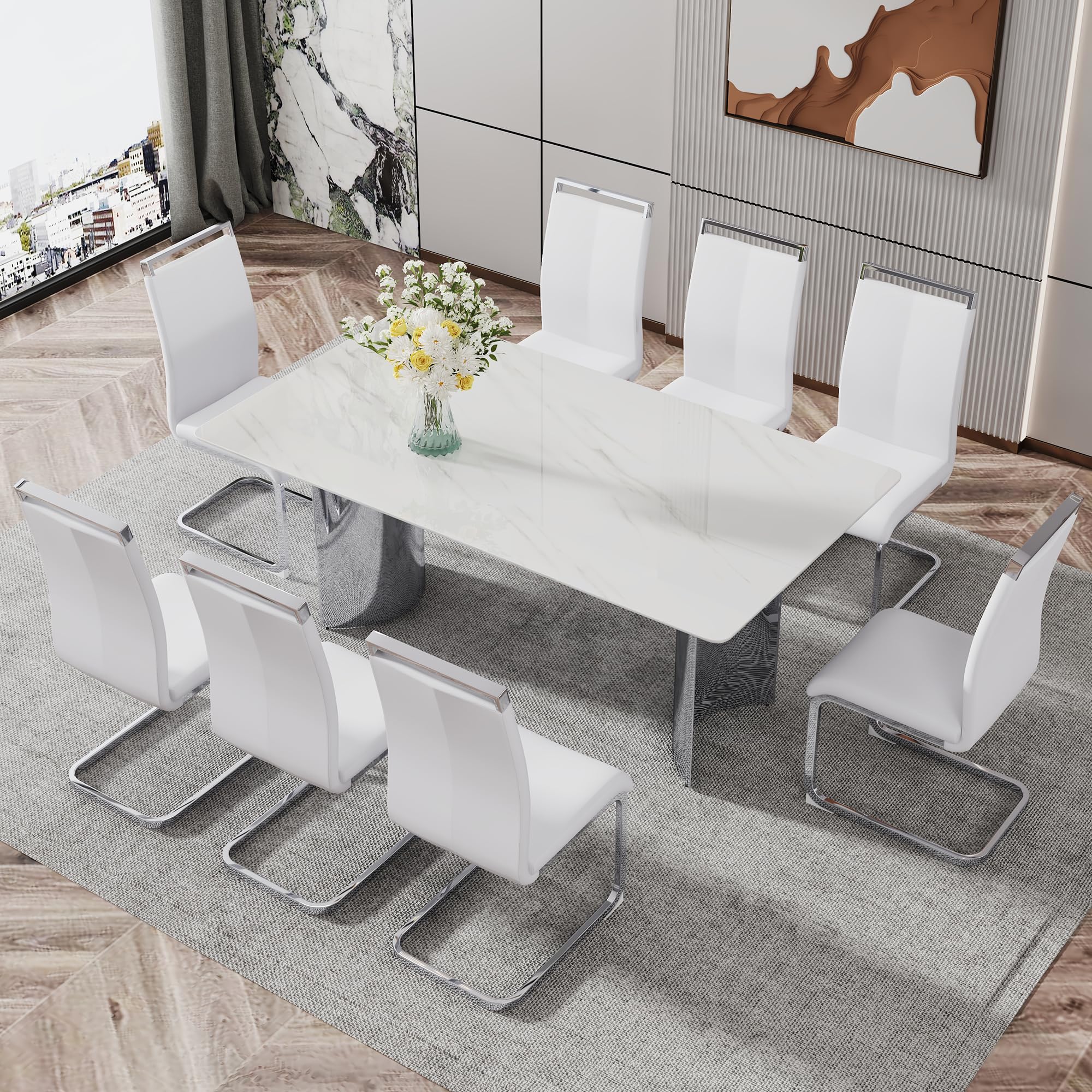 Maotifeys Marble Dining Table Set for 8, 9 Piece Modern Dining Room Table Set with Rectangle Dinner Kitchen Table and Upholstered Pu Leather Chairs, 71" White Faux Marble Dining Table Chairs Set of 8