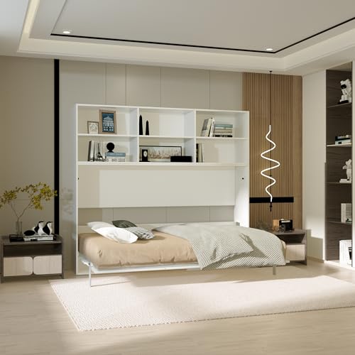 Murphy Bed Twin, Horizontal Twin Size Murphy Bed Cabinet, Wall Bed with Self and Drawers, Wood Hideaway Folding Hidden Beds for Platform Bedroom, Guest Room, Studio or Home Office, White