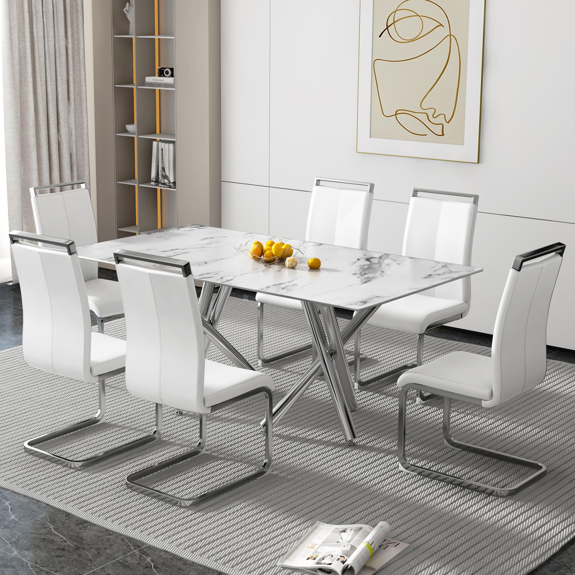WOXYX Modern Large Simple Rectangular Glass Dining Table for 6-8 People with 0.39-inch White Imitation Marble Desktop and Silver Metal Legs, Black