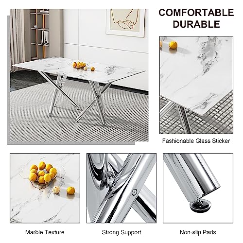 WOXYX Modern Large Simple Rectangular Glass Dining Table for 6-8 People with 0.39-inch White Imitation Marble Desktop and Silver Metal Legs, Black