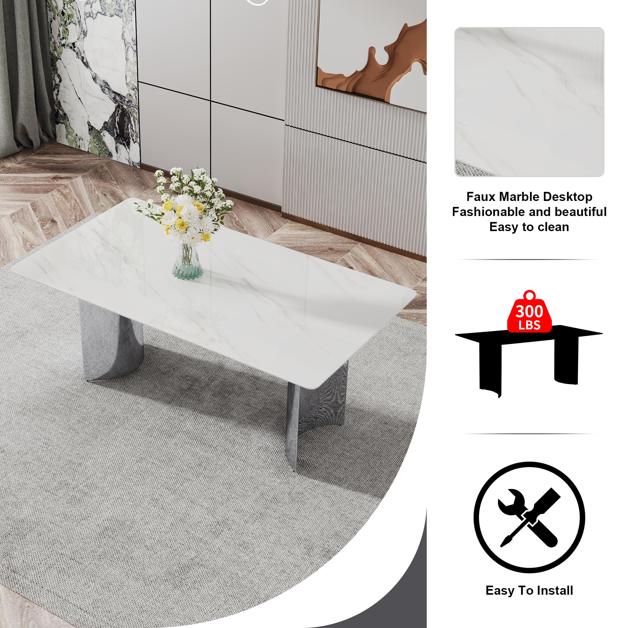 Maotifeys Marble Dining Table Set for 8, 9 Piece Modern Dining Room Table Set with Rectangle Dinner Kitchen Table and Upholstered Pu Leather Chairs, 71" White Faux Marble Dining Table Chairs Set of 8