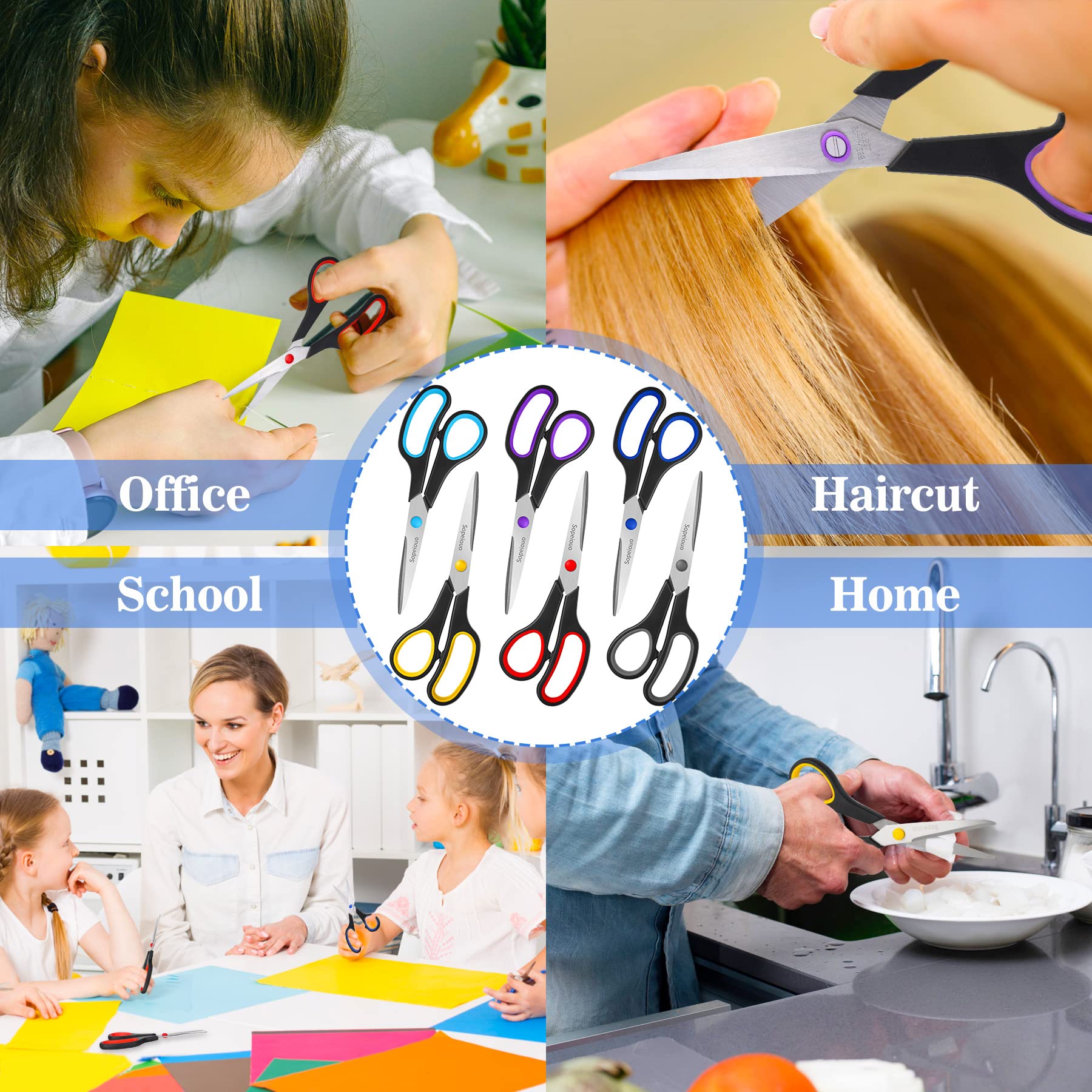 Scissors Set of 6-Pack, 8" Scissors All Purpose Comfort-Grip Handles Sharp Scissors for Office Home School Craft Sewing Fabric Supplies, High/Middle School Student Teacher Scissor, Right/Left Handed