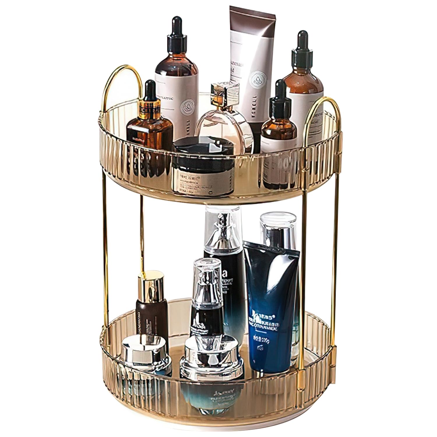 GTI 360° Rotating Makeup Organizer, 2 Tier Bathroom Counter Organizer,Large Capacity Perfume Cosmetics Skincare Vanity Organizers, Dresser Spinning Countertop Organizer and Storage for Women (Gold)